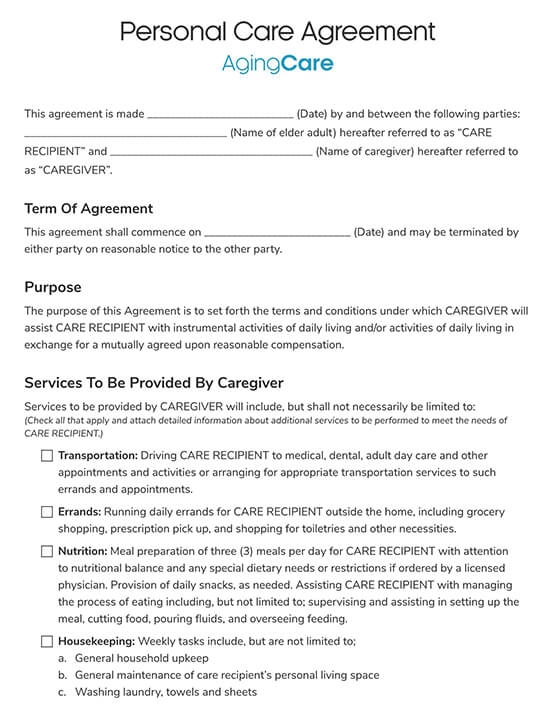 Printable Caregiver Agreement Caregiver Contract Template - Free ...