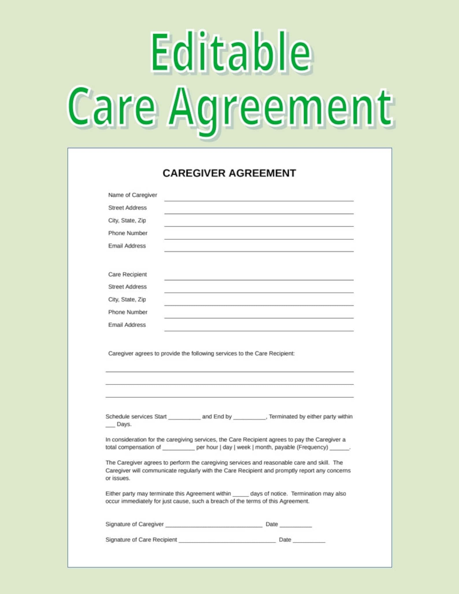 Printable Caregiver Agreement Caregiver Contract Template - Free ...